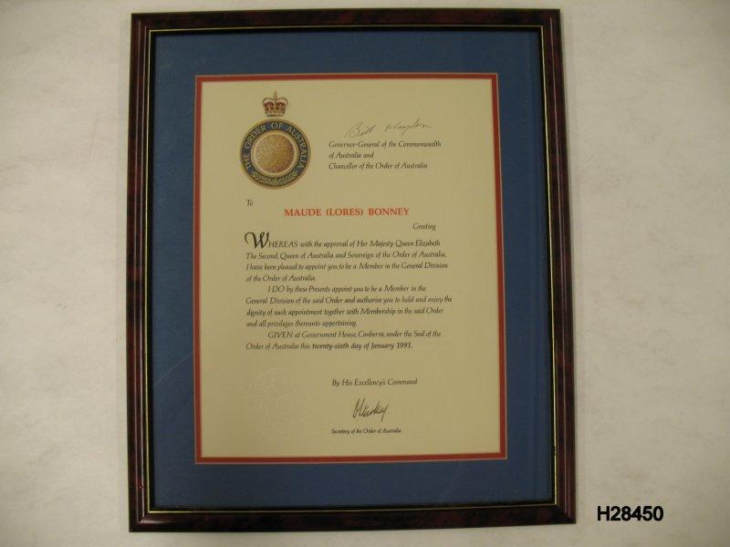 Certificate - Member of the Order of Australia; H28450 - Queensland Museum