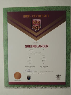 Commemorative birth certificate sample; H48858 - Queensland Museum